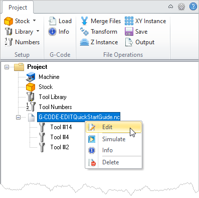 G-CODE EDITOR Modile > Project Tab > Right-Click Menu > Edit-G-Code-File